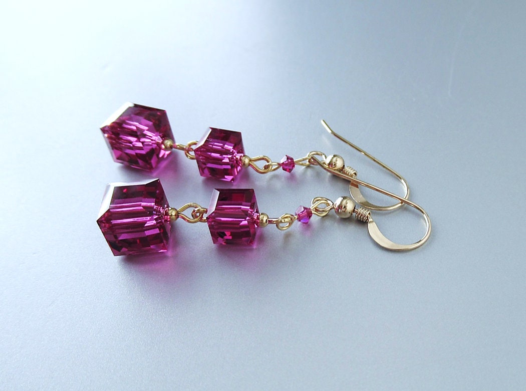 Fuchsia Swarovski Crystal Cube Drop Earrings 14K Gold Filled - Etsy