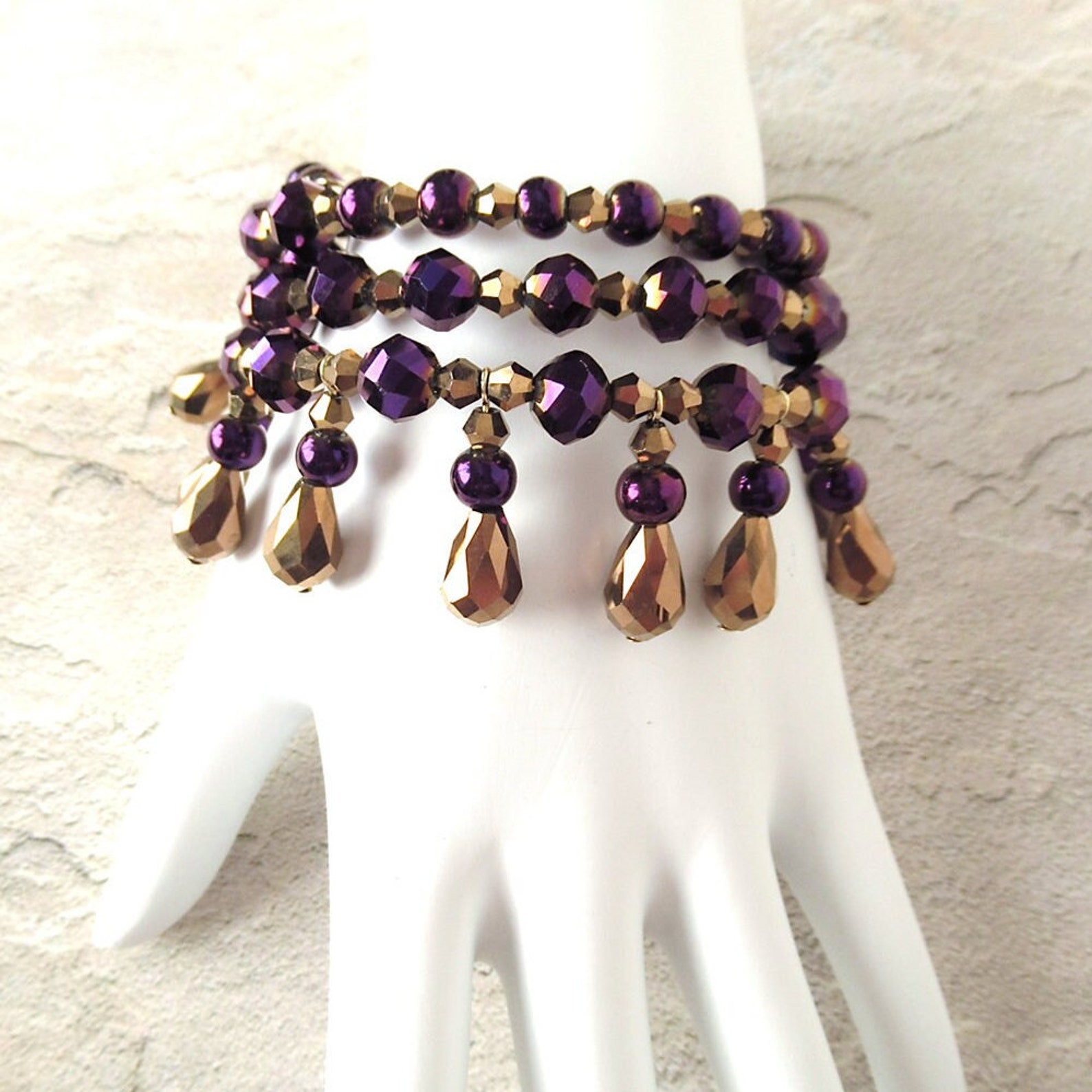 Gypsy Cuff Purple & Gold Crystal Wrap Bracelet Gold-plated Memory Wire ...