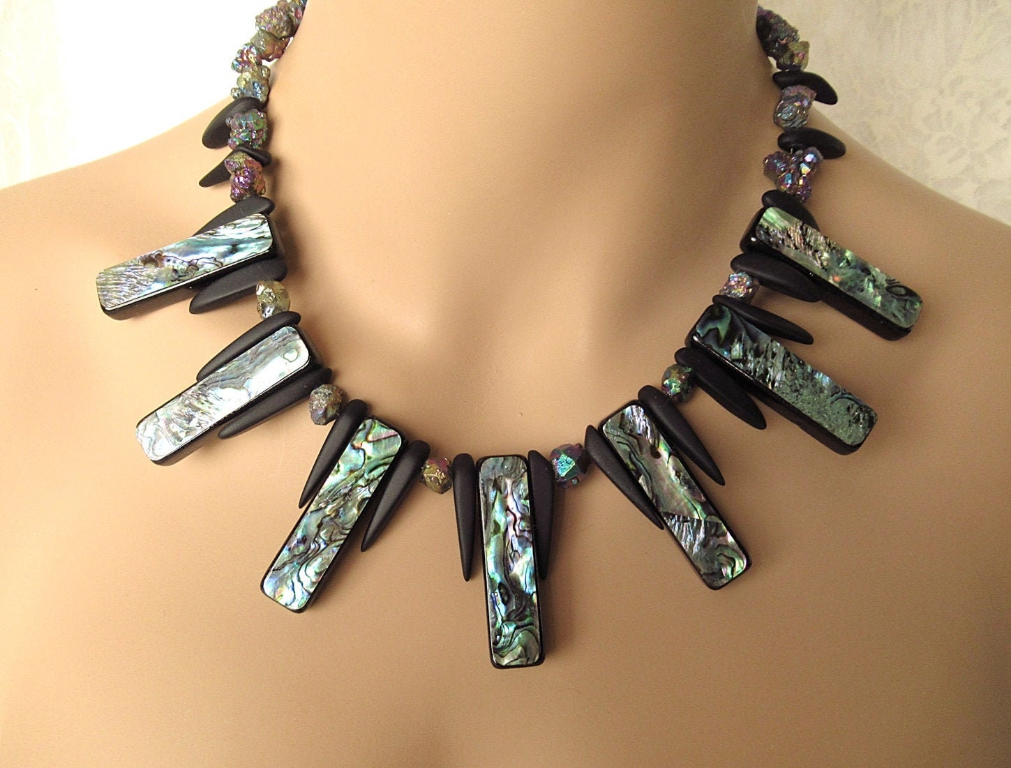 Abalone and Black Sea Glass Spike and Titanium Citrine Nugget Necklace ...