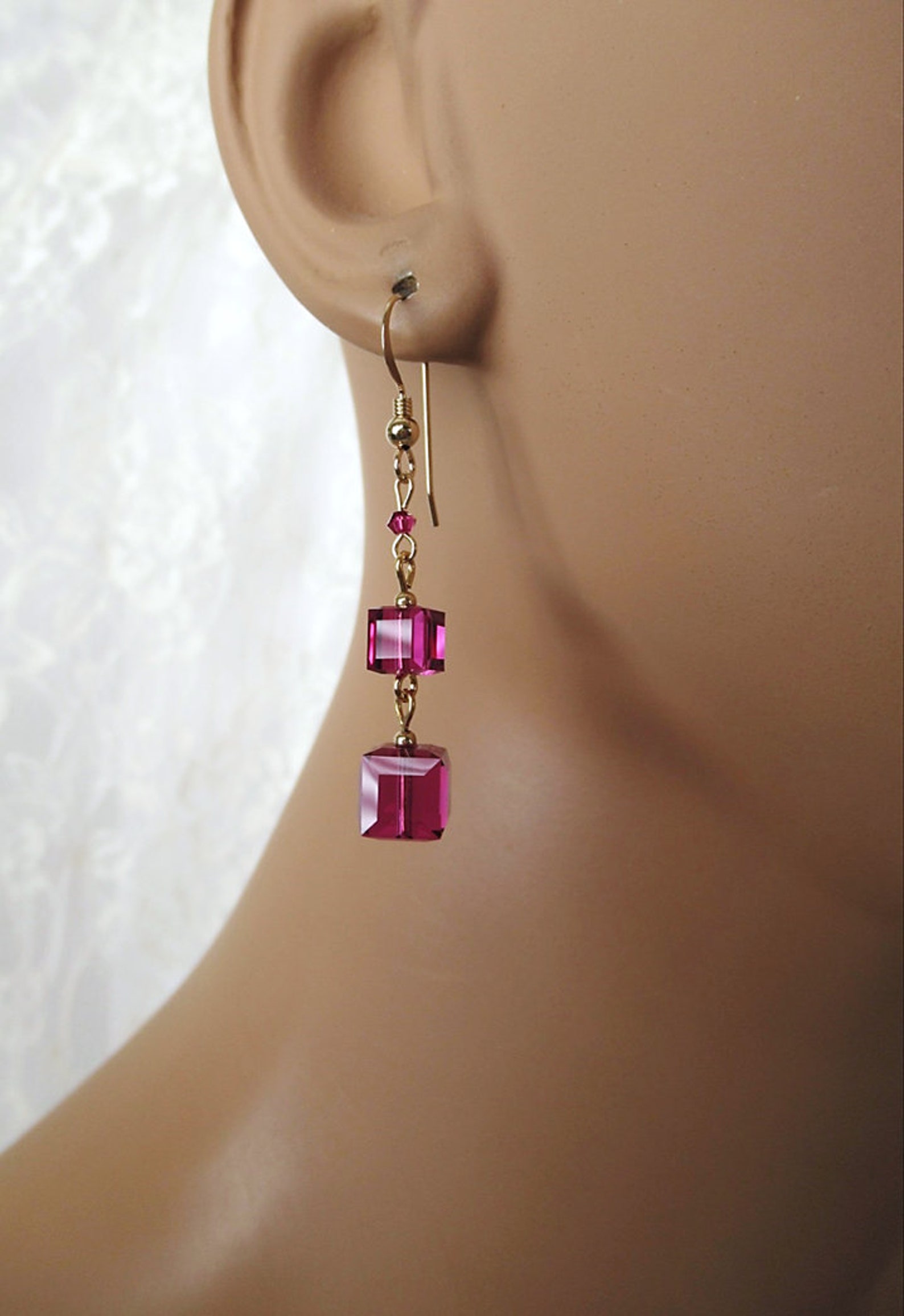Fuchsia Swarovski Crystal Cube Drop Earrings 14K Gold Filled - Etsy