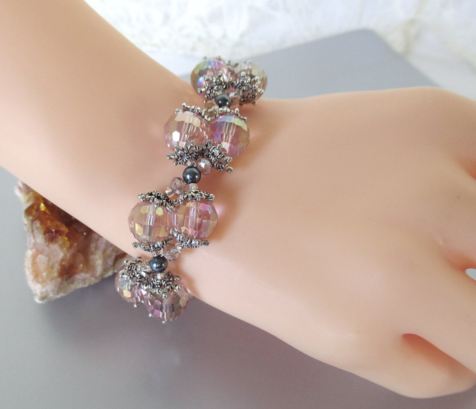 Pink Crystal Bracelet Swarovski Pearl & Silver - Etsy