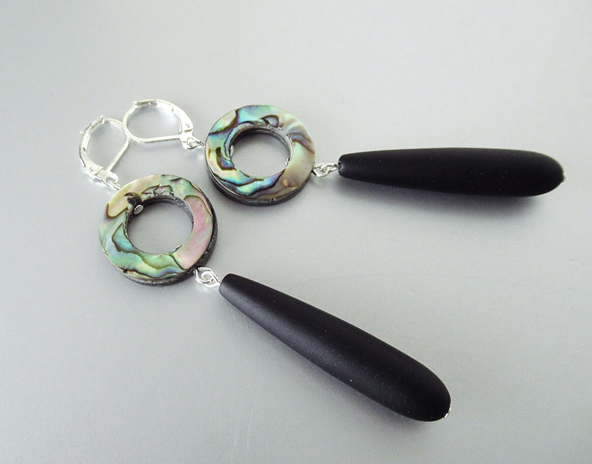 Abalone and Black Sea Glass Spike and Titanium Citrine Nugget Necklace ...