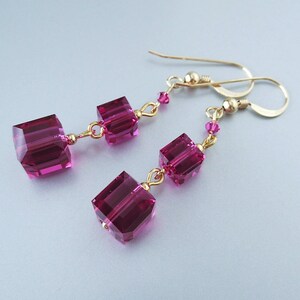 Fuchsia Swarovski Crystal Cube Drop Earrings - 14K Gold Filled - Etsy