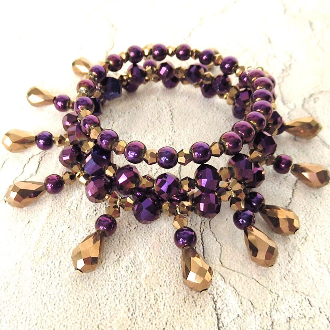 Gypsy Cuff Purple & Gold Crystal Wrap Bracelet Gold-plated Memory Wire ...