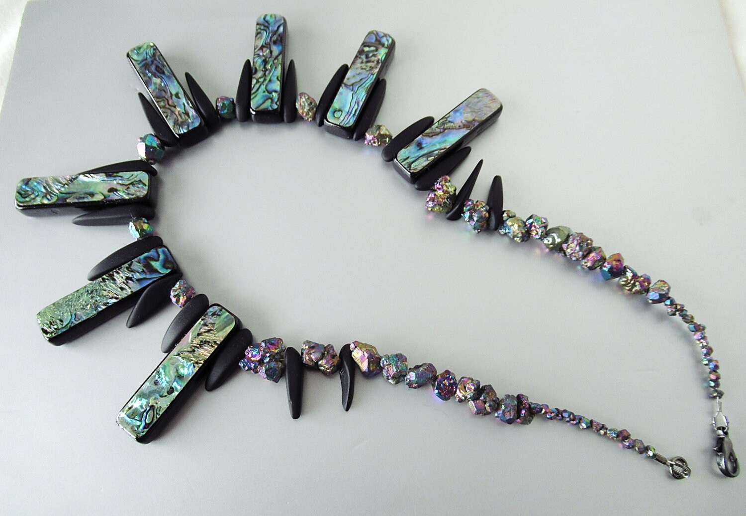 Abalone and Black Sea Glass Spike and Titanium Citrine Nugget Necklace ...