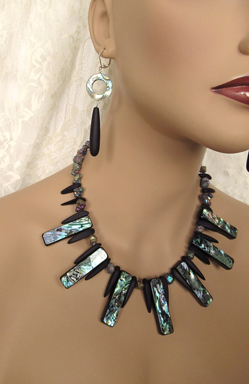 Abalone and Black Sea Glass Spike and Titanium Citrine Nugget Necklace ...