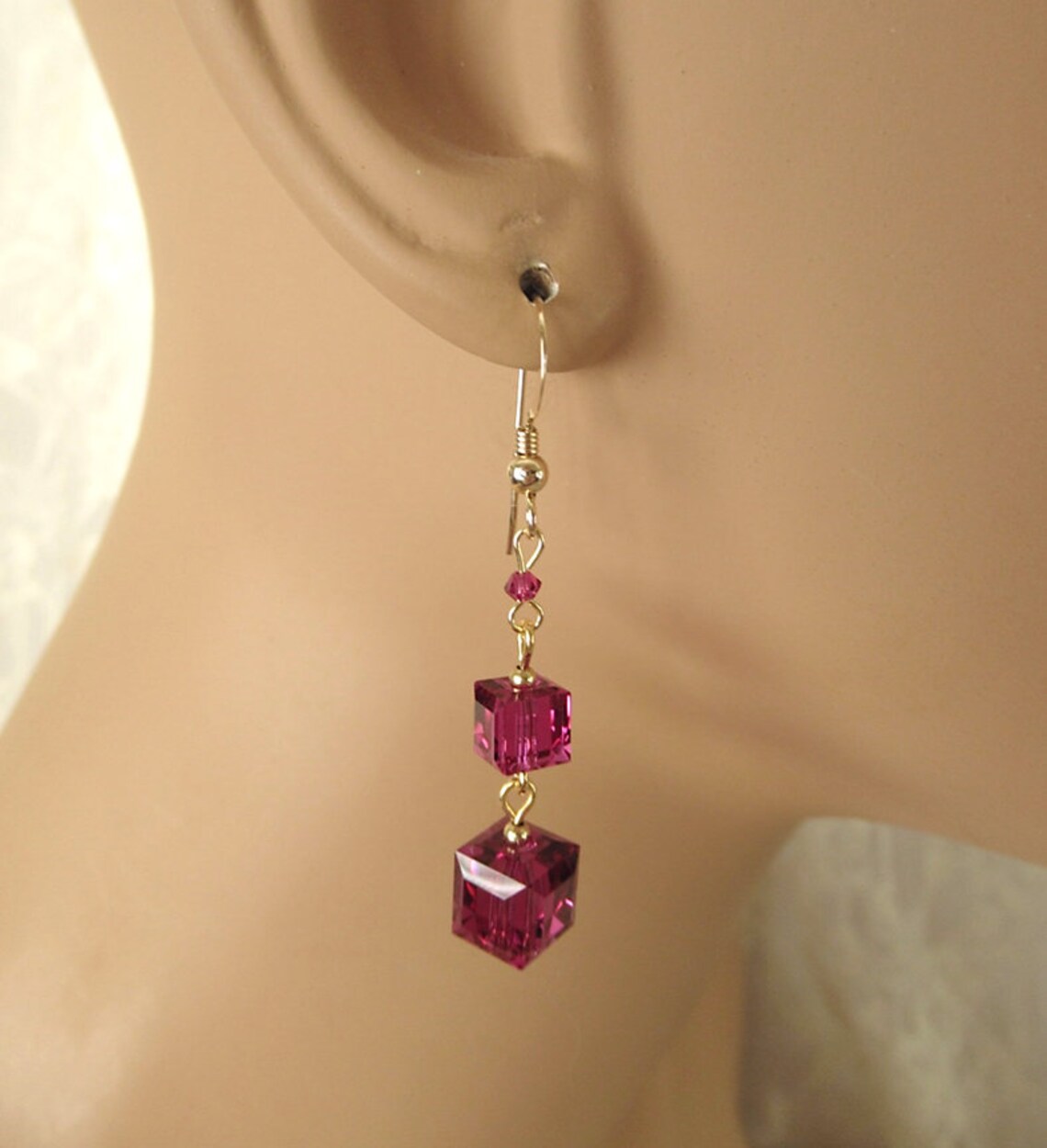 Fuchsia Swarovski Crystal Cube Drop Earrings 14K Gold Filled - Etsy