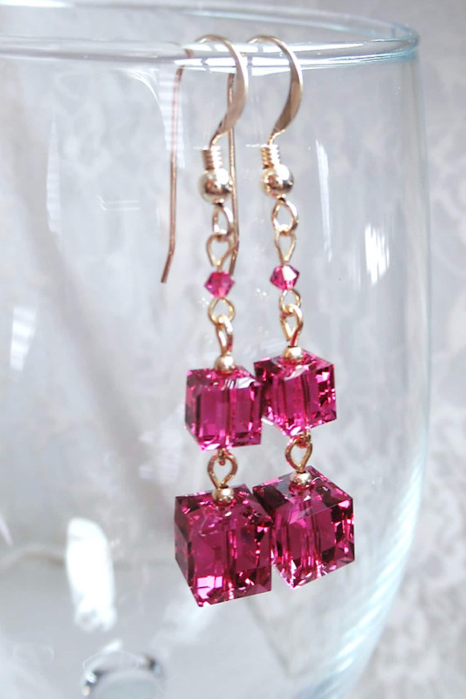 Fuchsia Swarovski Crystal Cube Drop Earrings 14K Gold Filled - Etsy