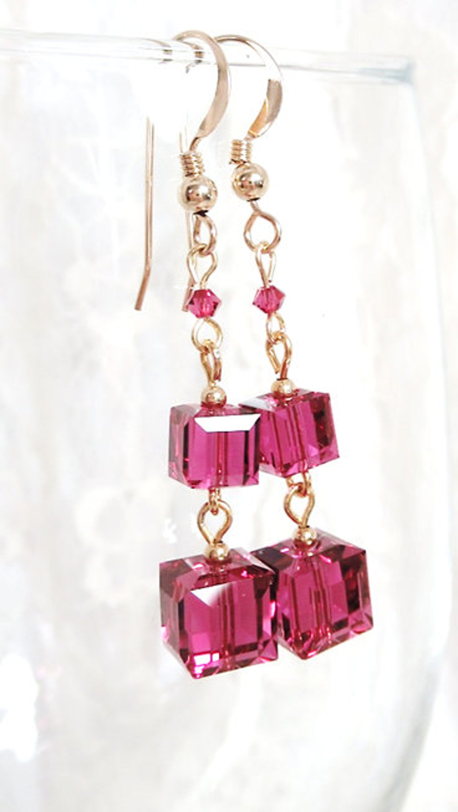 Fuchsia Swarovski Crystal Cube Drop Earrings 14K Gold Filled - Etsy