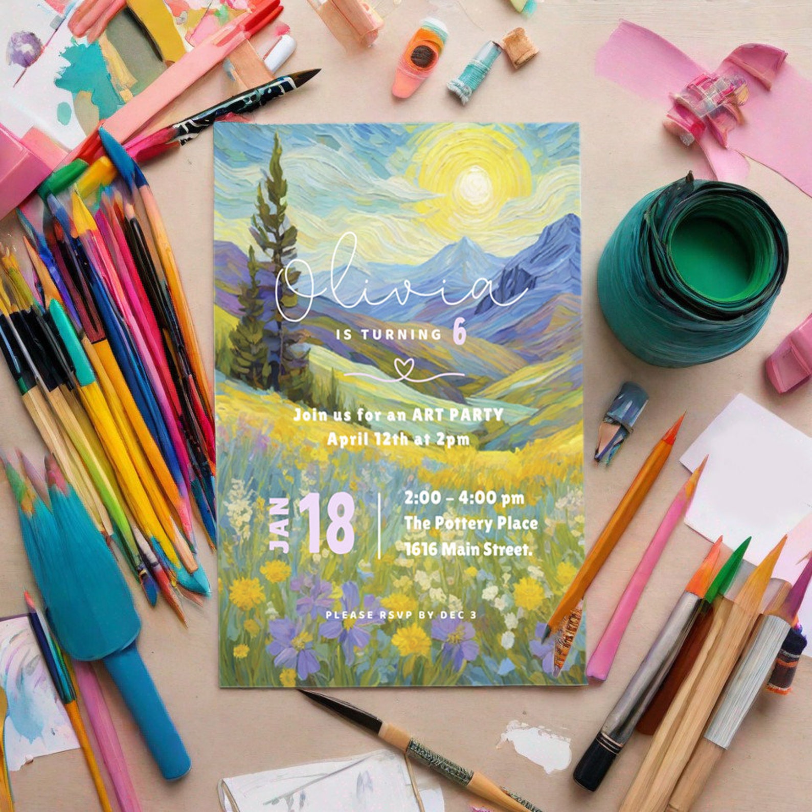 Art Party Invitation Template, Printable Birthday Invitation, Digital ...