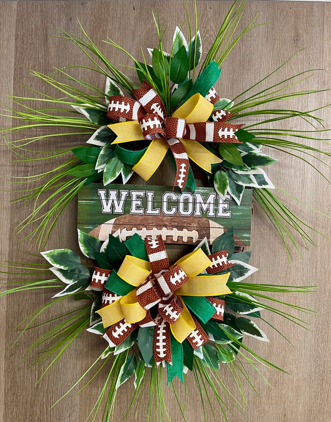 Football Welcome Wreath With Green, Yellow, and Brown Bows - Perfect ...