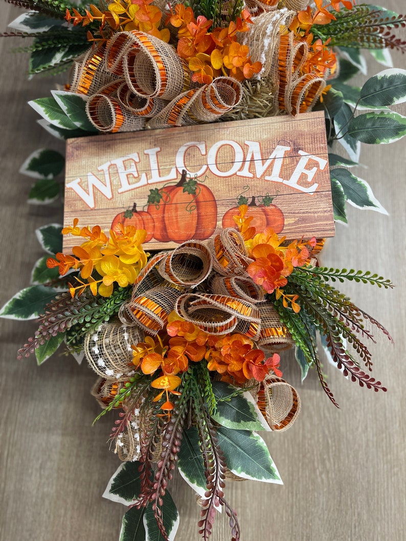 Handmade Fall Welcome Swag - Autumn Harvest Door Decor With Pumpkins ...