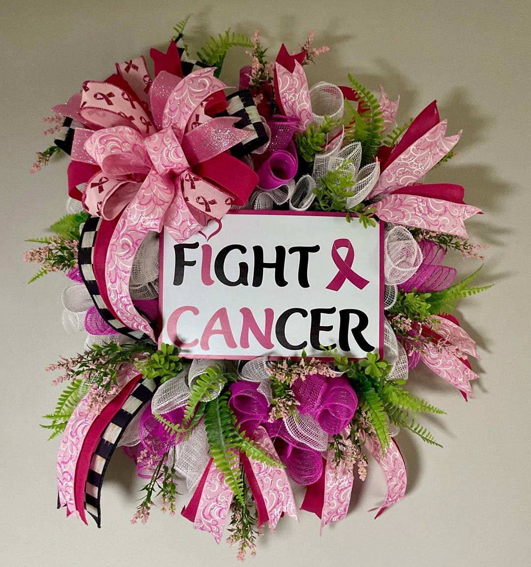 Pink Ribbon Breast Cancer Awareness Wreath | Handmade Deco Mesh - Etsy