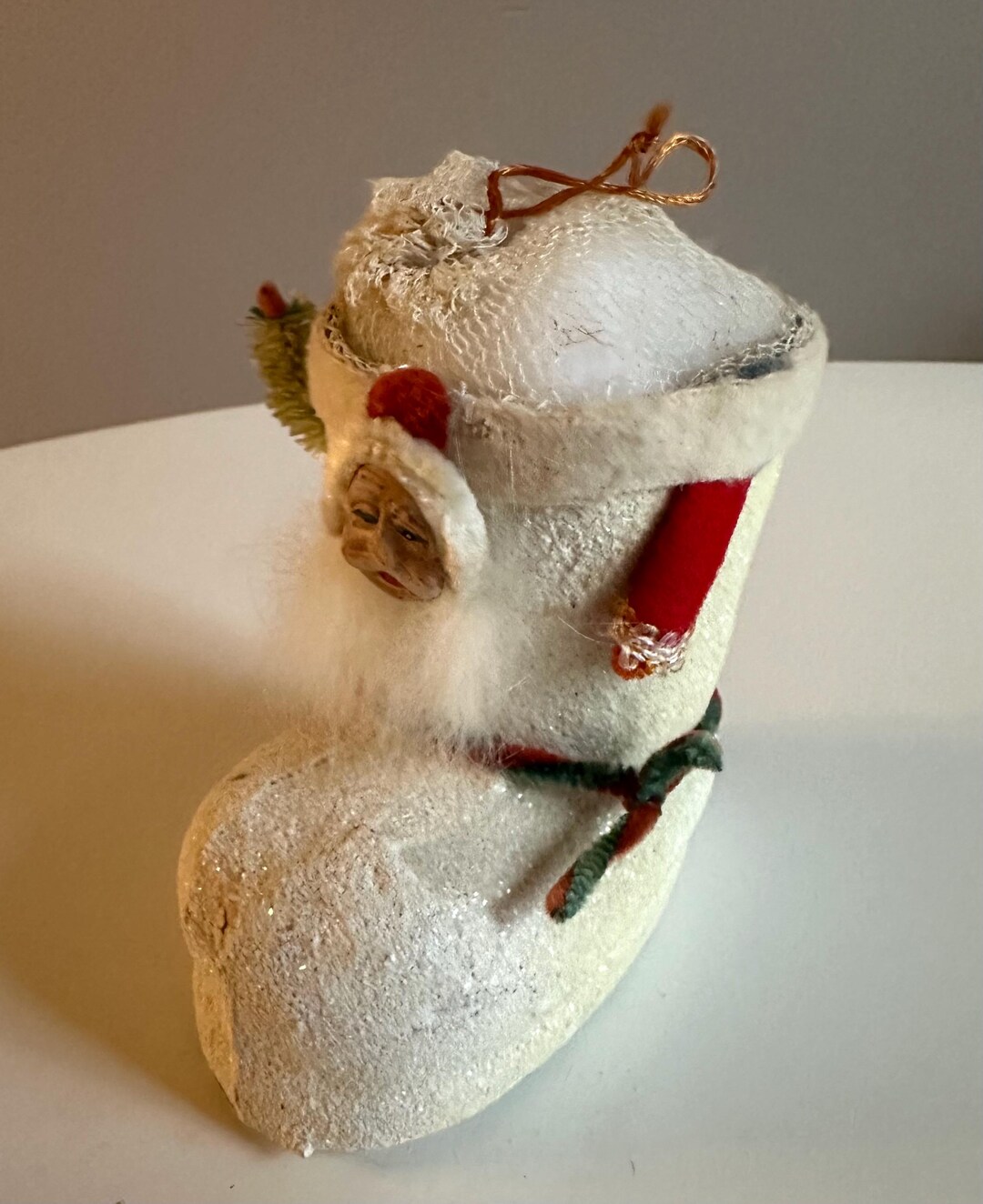 Vintage Paper Mache Santa Boot, White Glitter Santa Boot Decoration ...