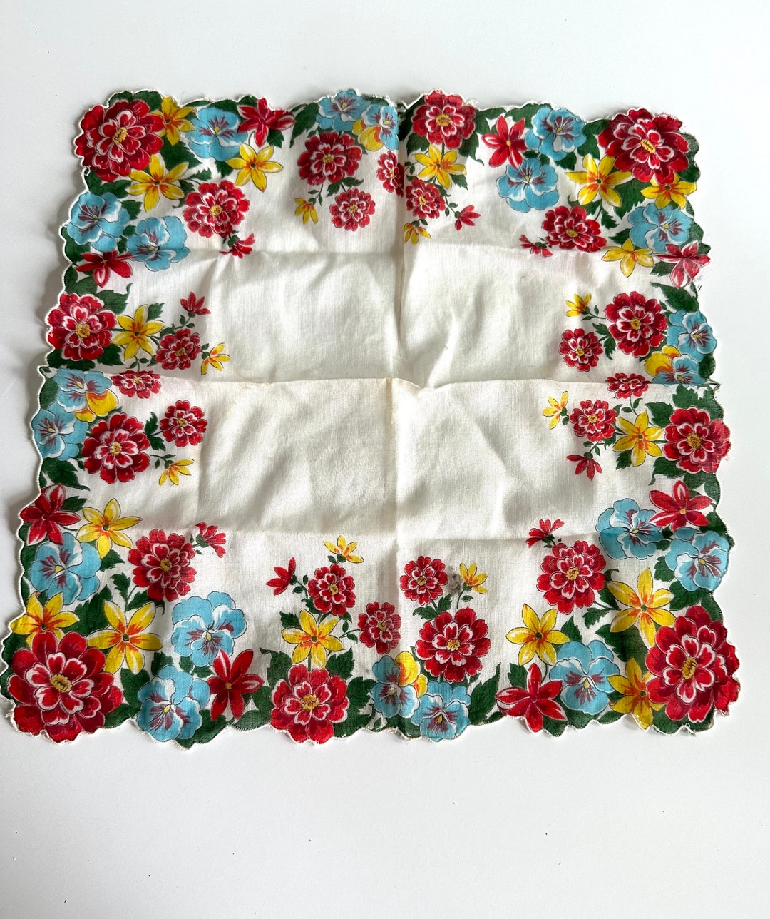 Vintage Handkerchief With Floral Print Border, Retro Accessories - Etsy