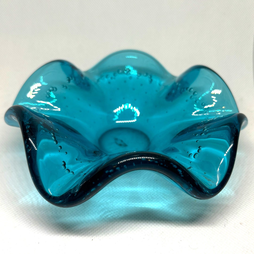Vintage Bubble Glass Dish Blue Glass Ruffled Edges Studio Art Glass 5.5 ...
