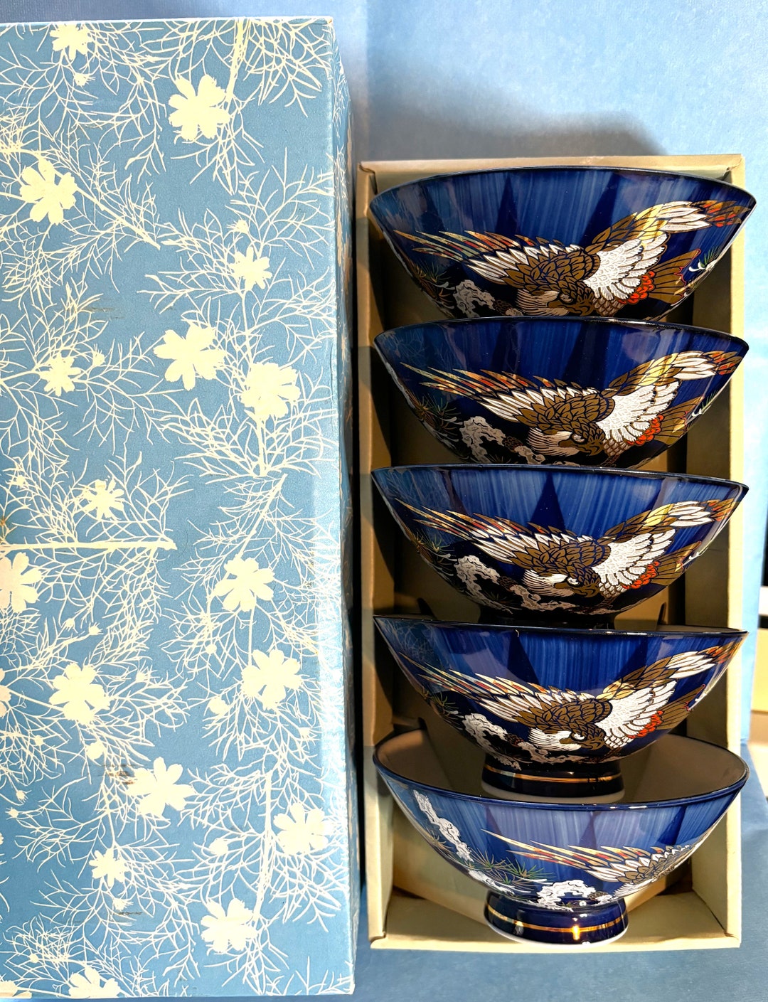 Vintage Chinese Porcelain Rice Bowls Hand Painted Set of 4 Eagles Hawks ...