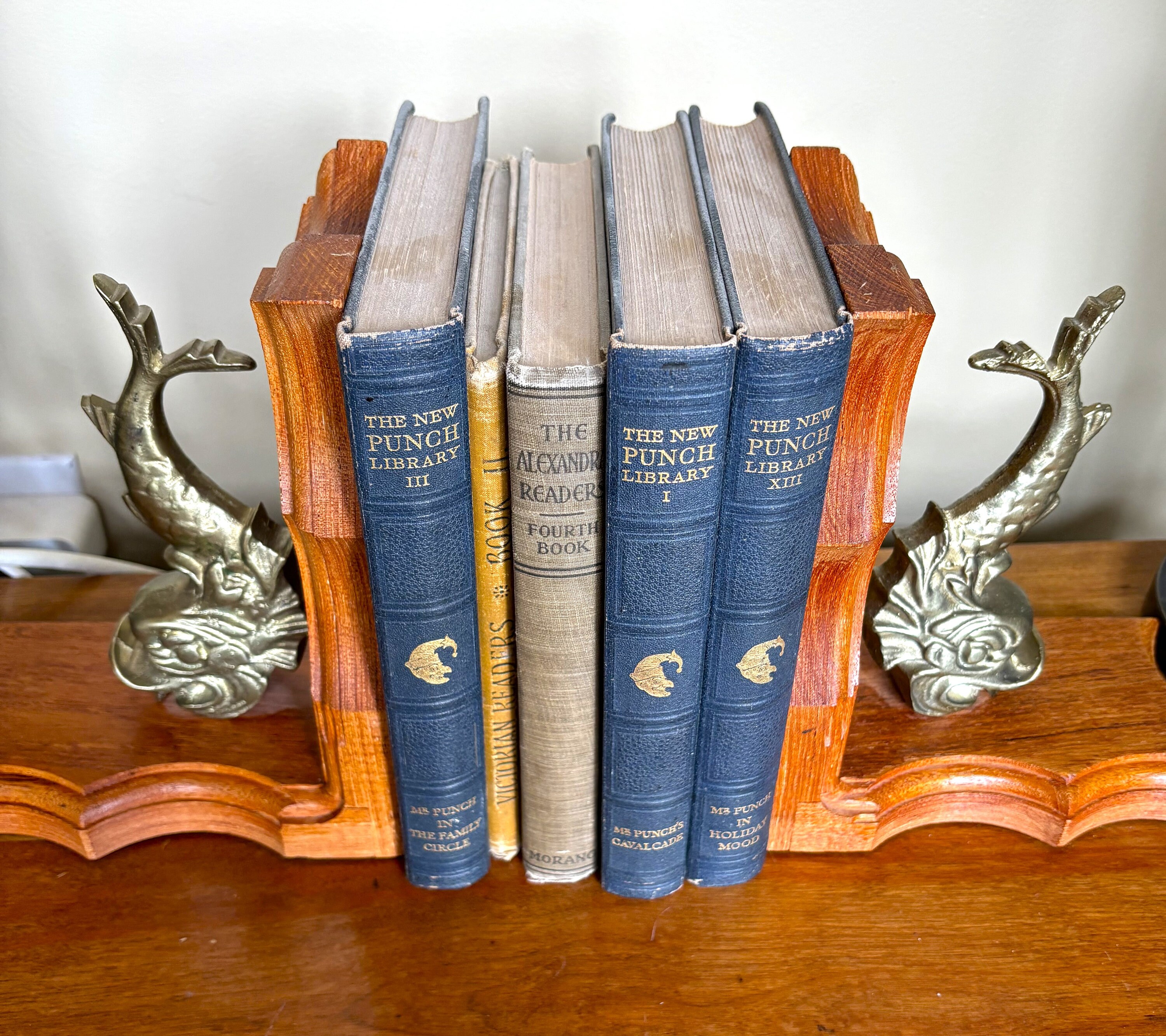 Brass Bookends With Wooden Stand -brass Chinese Dolphin Fish Dragon ...