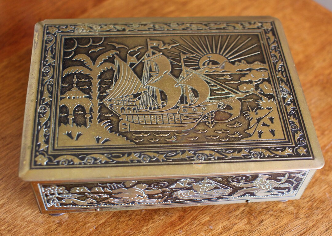 Antique Art Deco Exotic Brass Music Box, Circa 1920's With Key Plays ...