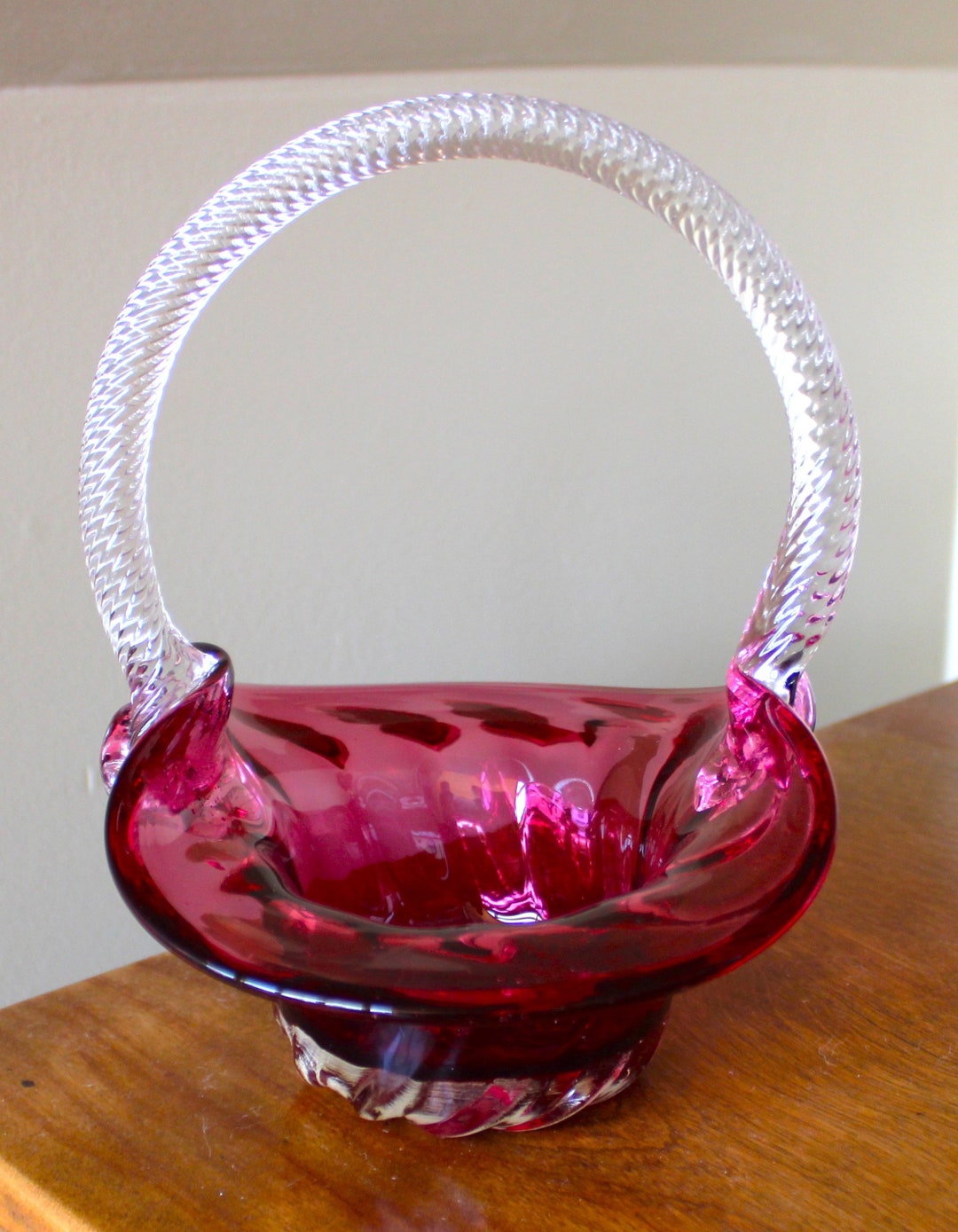 Vintage Blown Cranberry Glass Collectible Basket With Applied Clear ...