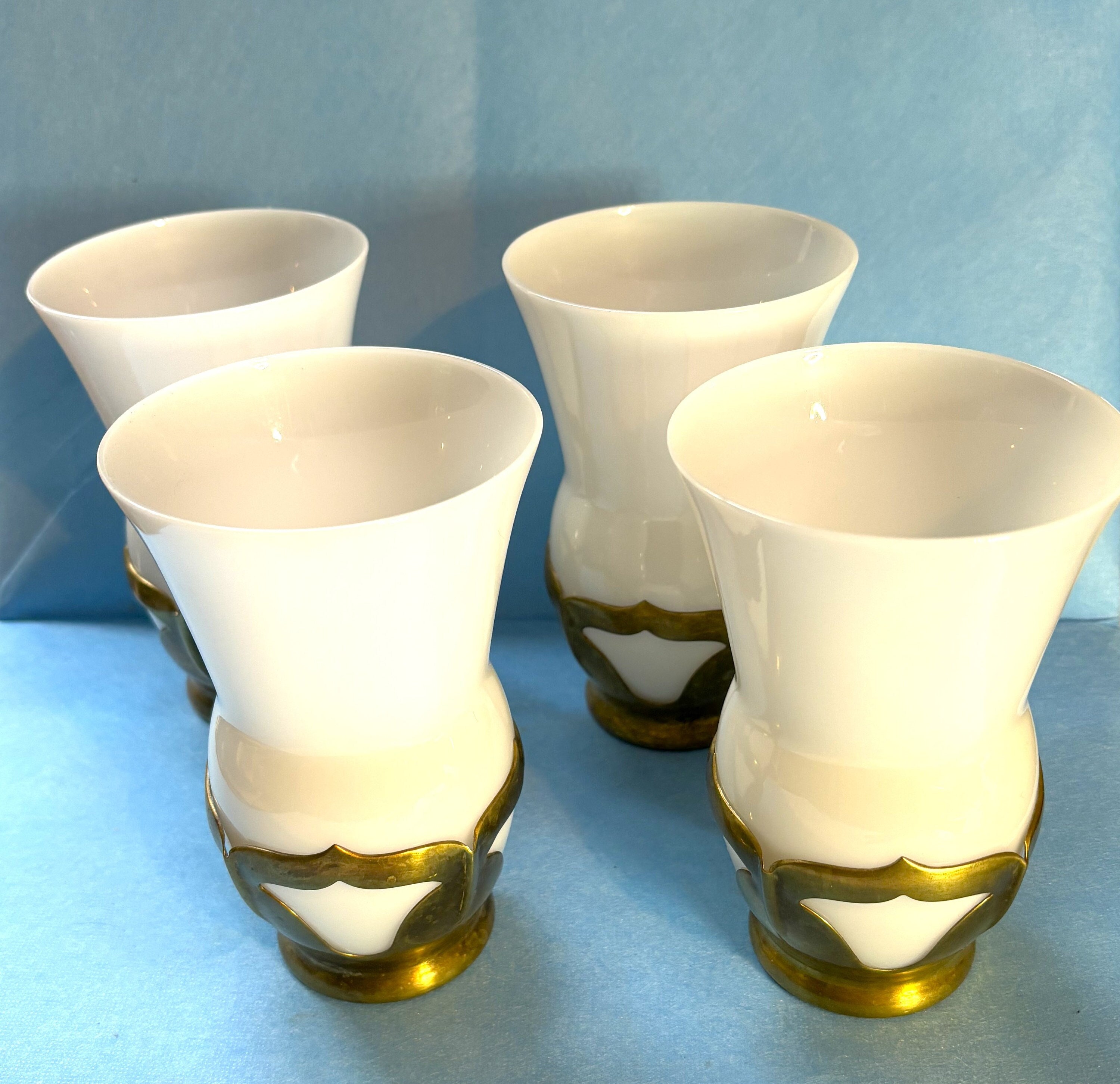 4 Vintage Farber Bros. Milk Glass Tumblers Farberware NY Art Deco Brass ...