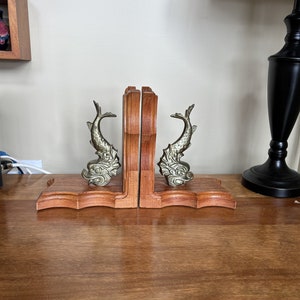 Brass Bookends With Wooden Stand -brass Chinese Dolphin Fish Dragon ...