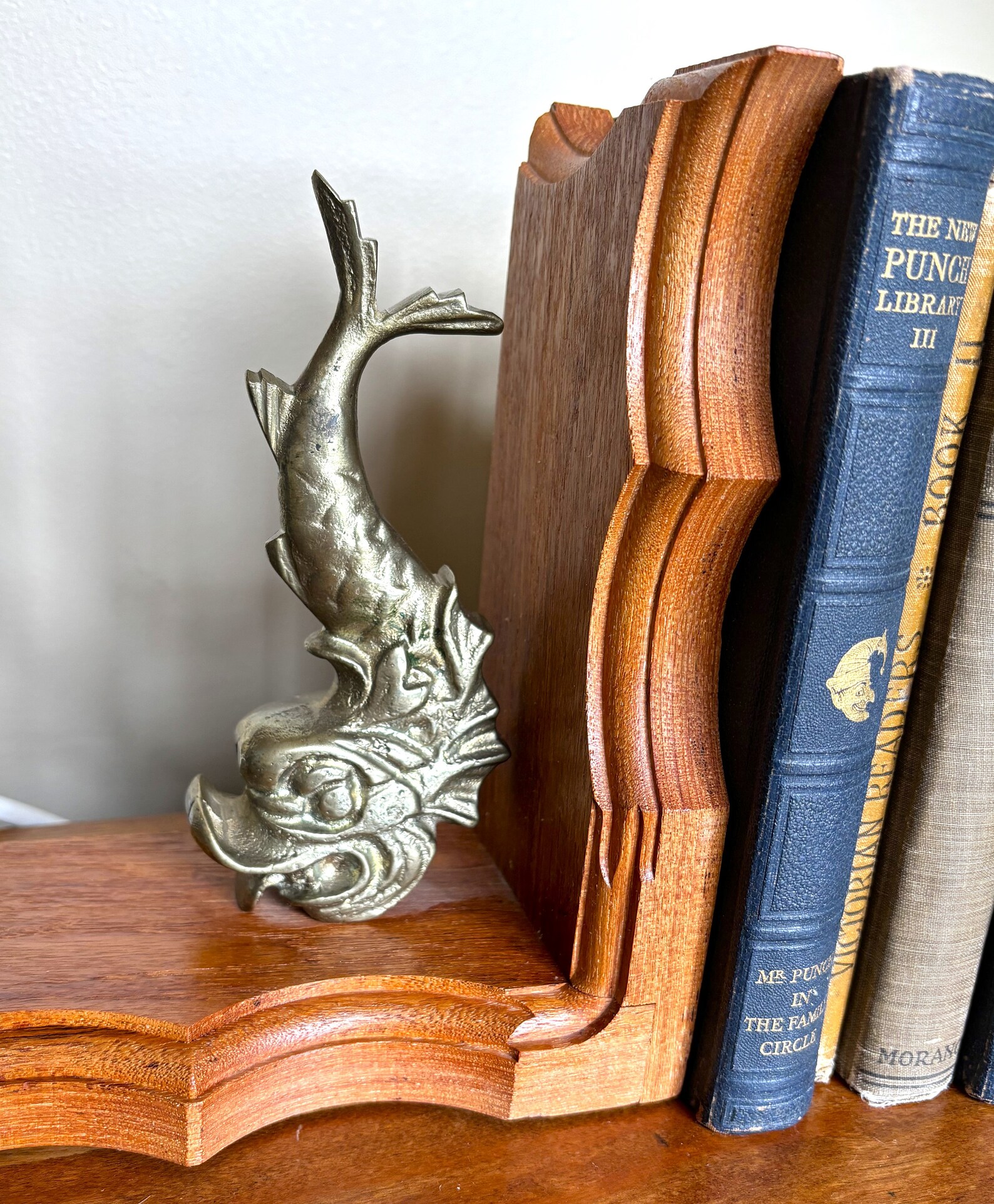 Brass Bookends With Wooden Stand -brass Chinese Dolphin Fish Dragon ...