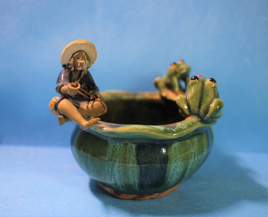 Vintage Frog and Lilypad & Chinese Mudman Mudmen Planter Vase Glazed ...