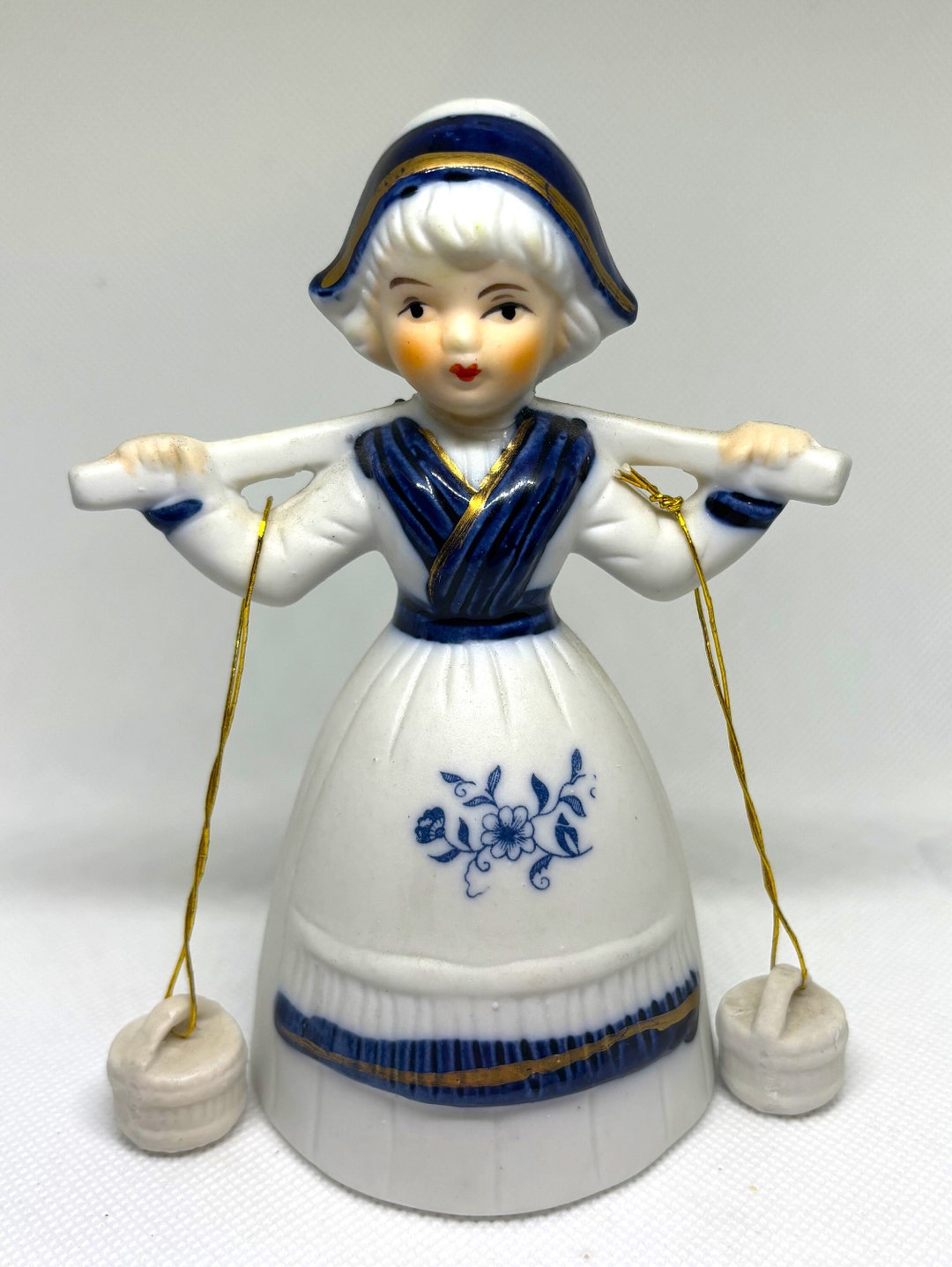 Vintage Delft Girl With Milk Buckets Bell, in Beautiful Condition. Blue ...