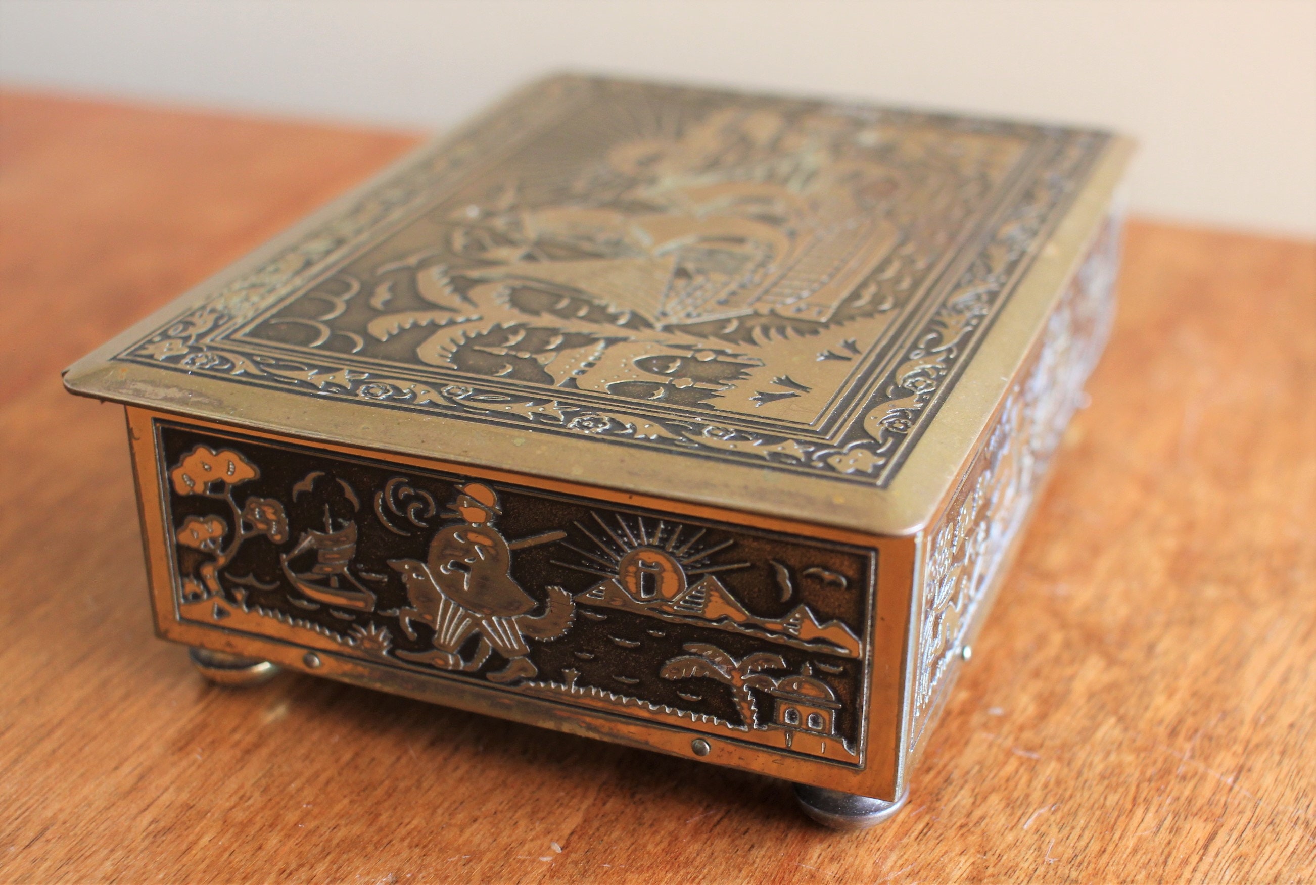 Antique Art Deco Exotic Brass Music Box, Circa 1920's With Key Plays ...