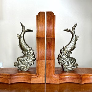 Brass Bookends With Wooden Stand -brass Chinese Dolphin Fish Dragon ...