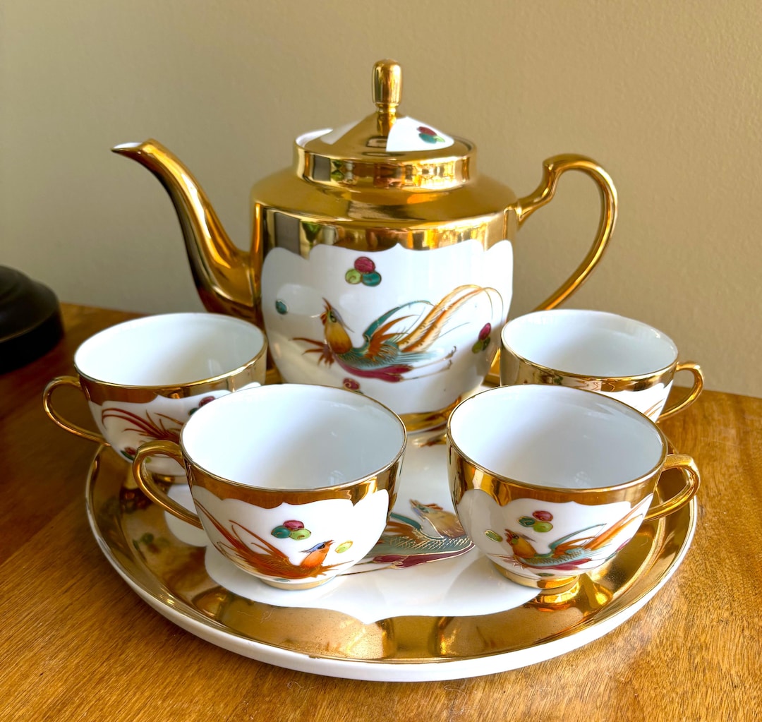 Vintage Chinese Dragon Phoenix Teapot 4 Cups Tea Set Includes Rare Tray ...
