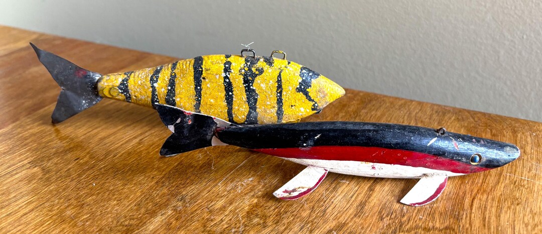 2 Vintage Fish Decoys Spear Lure Ice Fishing Wooden Weighted Handmade ...