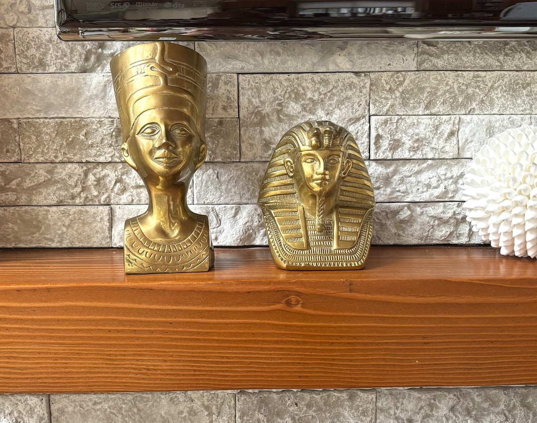 2 BRASS Egyptian Pharaoh King Tut Head Bust and Egyptian Pharaoh Head ...