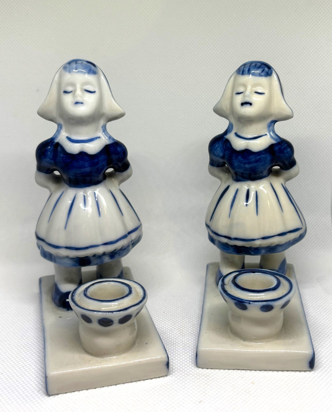 Vintage Pair of Holland Dutch Girl Candle Holders Porcelain Blue White ...
