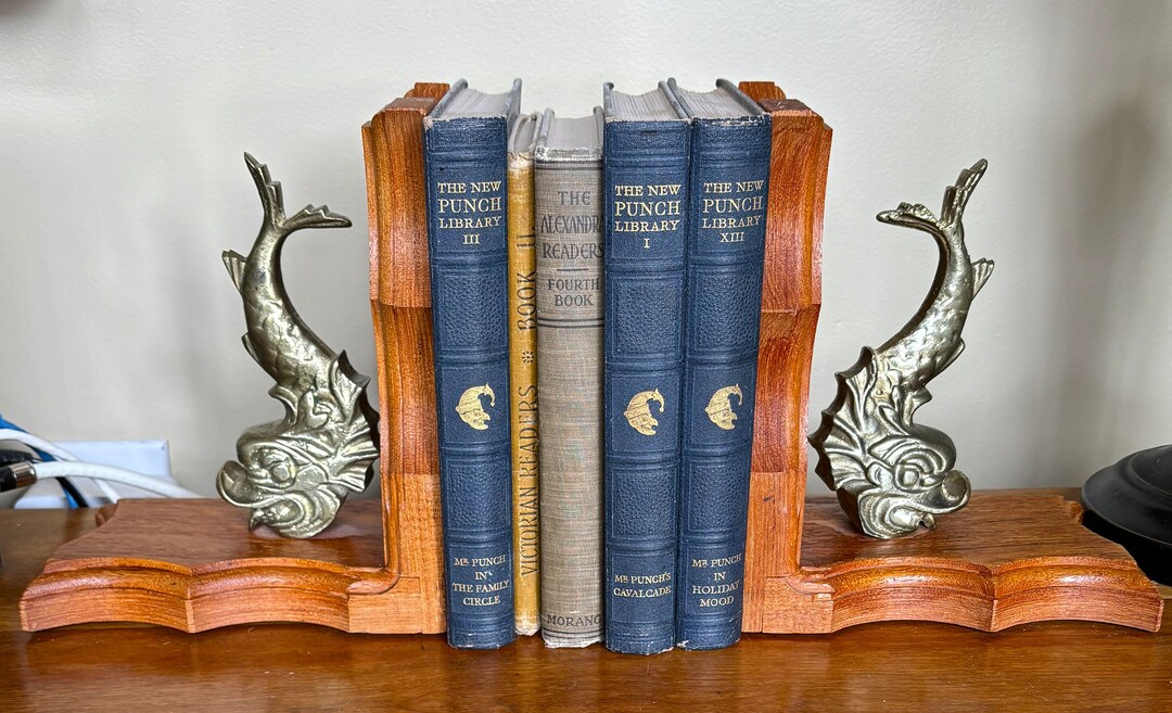 Brass Bookends With Wooden Stand -brass Chinese Dolphin Fish Dragon ...