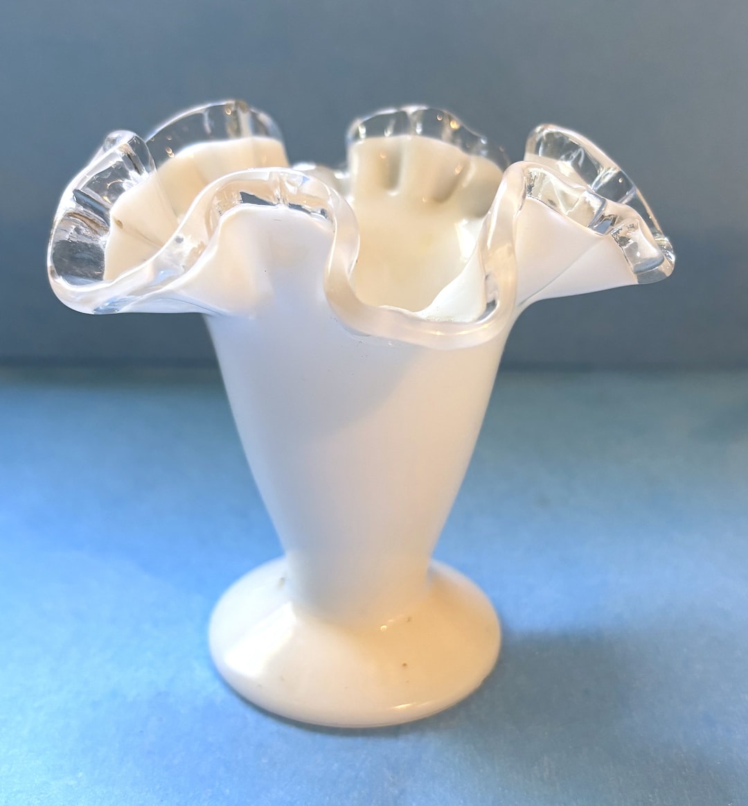 Vintage Fenton Silver Crest Vase Clear Double Crimped Crest on Milk ...