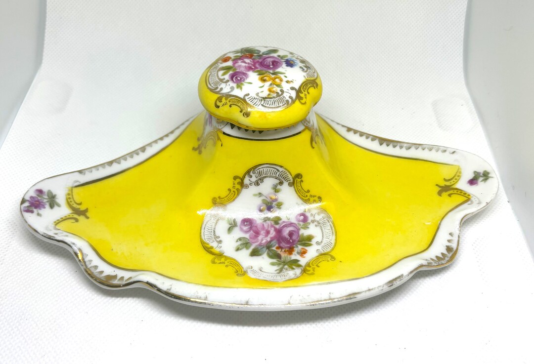 Vintage Porcelain Unmarked China Inkwell Gold Trim Yellow With Roses ...