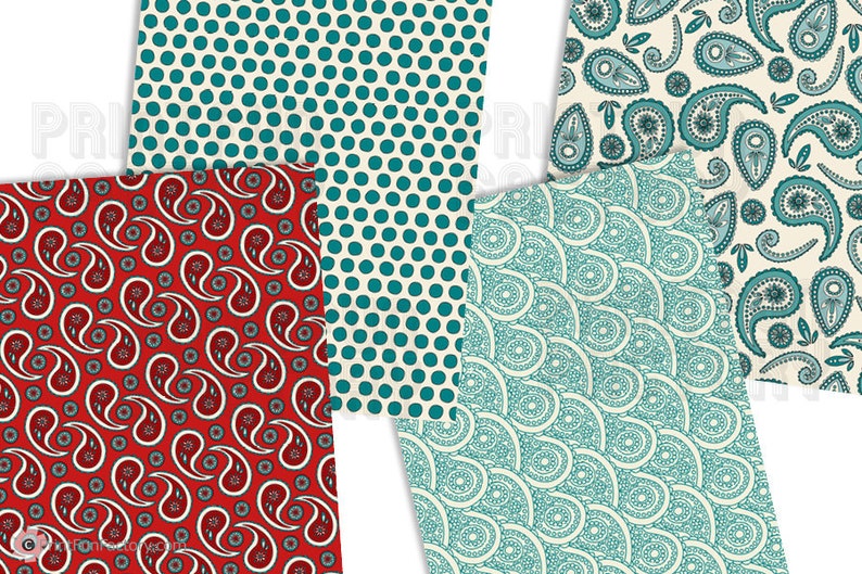 Paisley Digital Paper - Doodle Paisley Red and Teal Background Paper ...