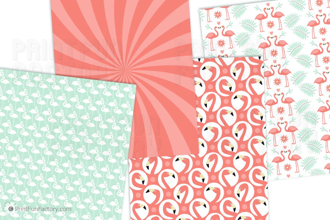 Flamingo Digital Paper - Flamingo Mint & Coral Background Paper - 12 ...