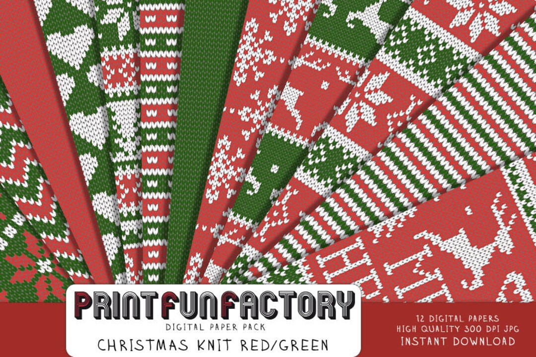 Christmas Digital Paper - Scandinavian Christmas Knit Red Green ...