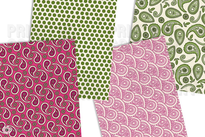 Paisley Digital Paper - Doodle Paisley Pink and Green Background Paper ...