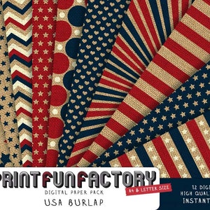 USA Digital Paper - United States Burlap American Flag Colors - 12 ...