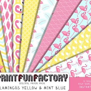 Flamingo Digital Paper - Flamingo Pink, Yellow & Mint Blue Background ...