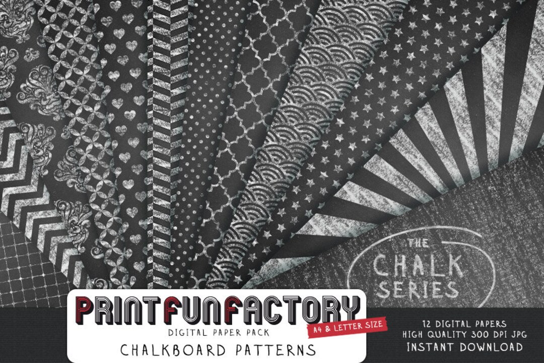 Chalkboard Patterns Digital Paper - Blackboard Chevron Starburst Damask ...