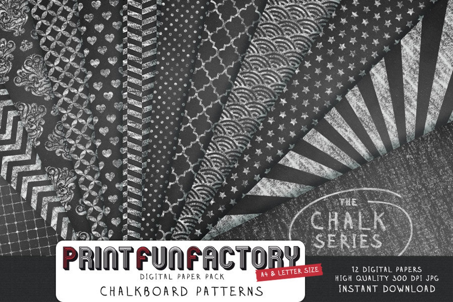 Chalkboard Patterns Digital Paper - Blackboard Chevron Starburst Damask ...