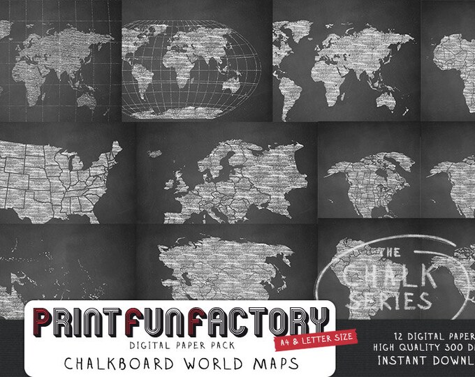 Chalkboard World Maps 12 Digital Papers 073 INSTANT - Etsy