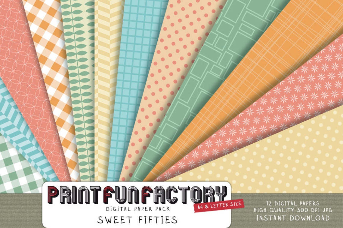 Fifties Digital Paper - Retro 50s Patterns - 12 Digital Papers (069 ...