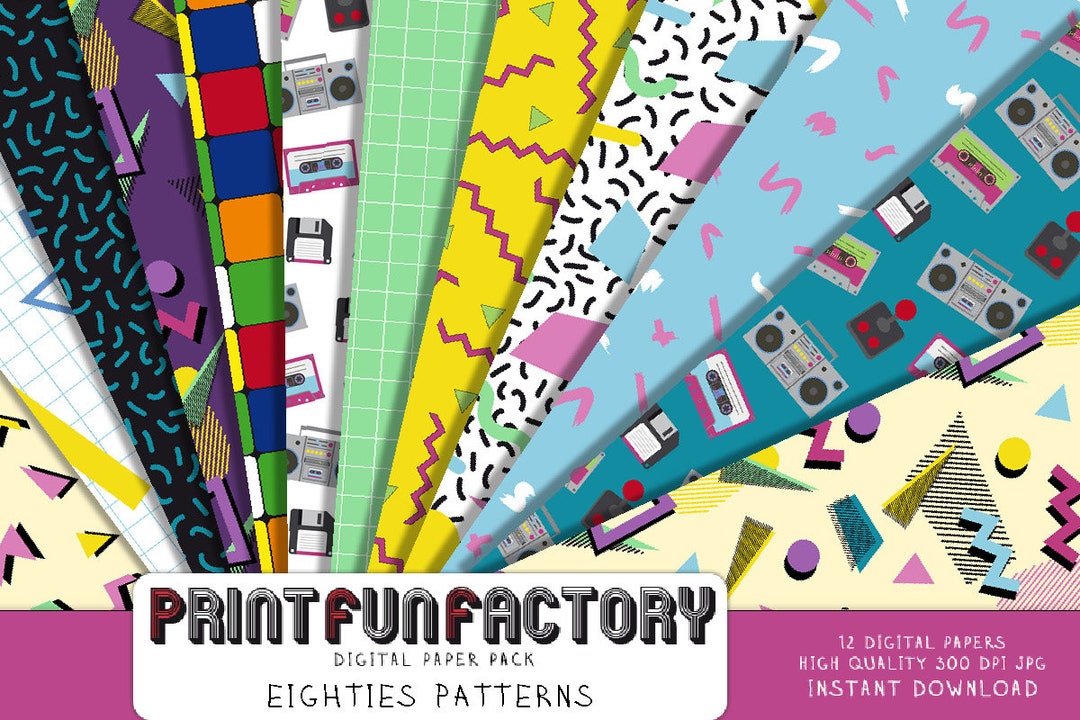 Eighties Digital Paper - 80s Paper Scrapbook Backgrounds - 12 Digital ...