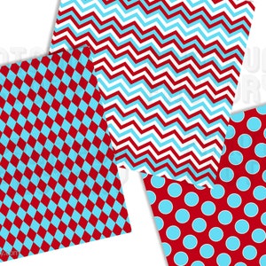 Aqua Blue and Red Digital Paper - Blue and Red Patterns Chevron Swirl ...